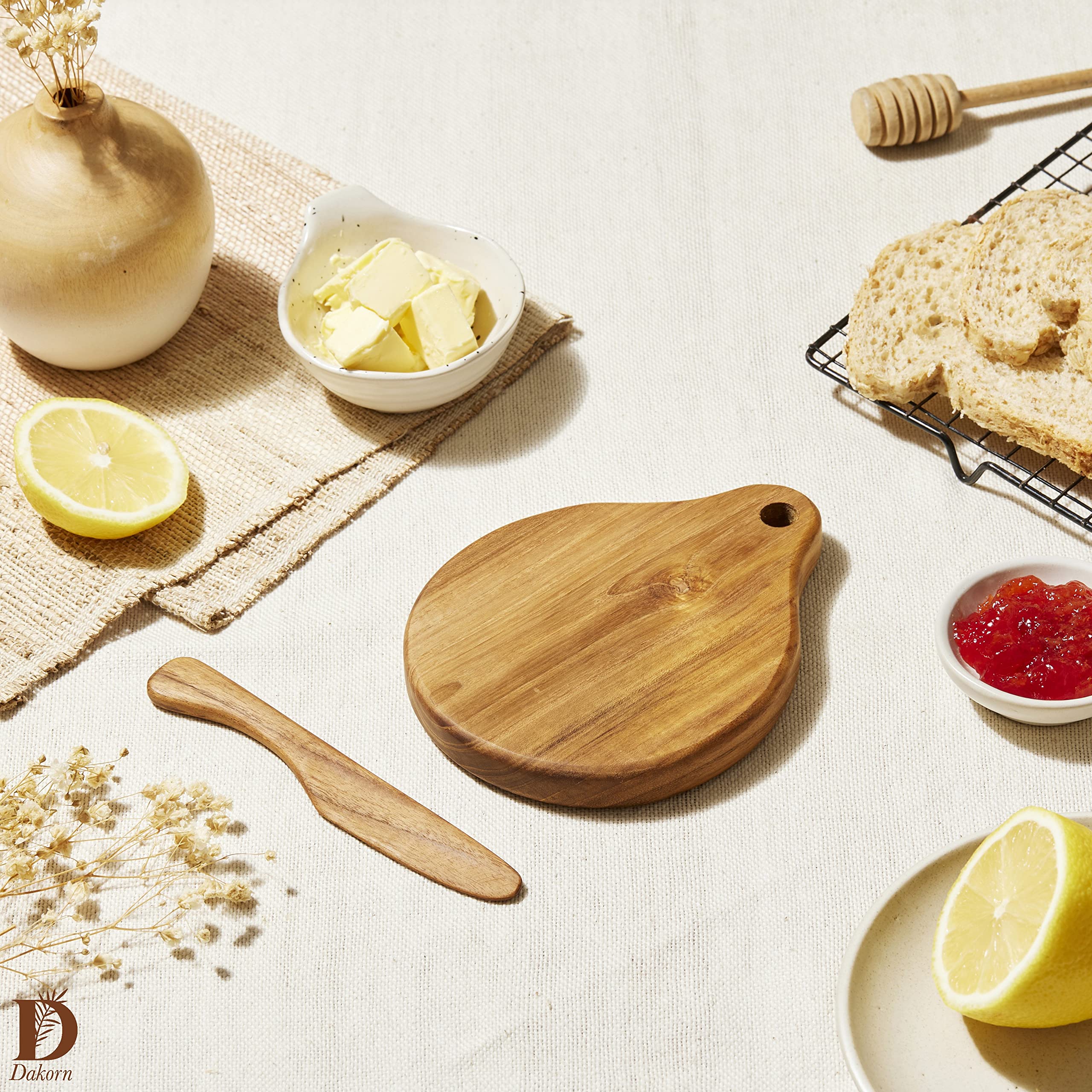 Dakorn Tiny Wooden Chopping Board 5", Mini Cutting board with handle for small fruit on Drink corner, Bar Cabinet & Butter Knife, Butter Spreader, Breakfast Spreadsā¦