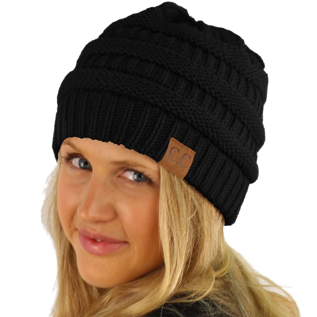 CC Fleeced Fuzzy Lined Unisex Chunky Thick Warm Stretchy Beanie Hat Cap (Solid Black)