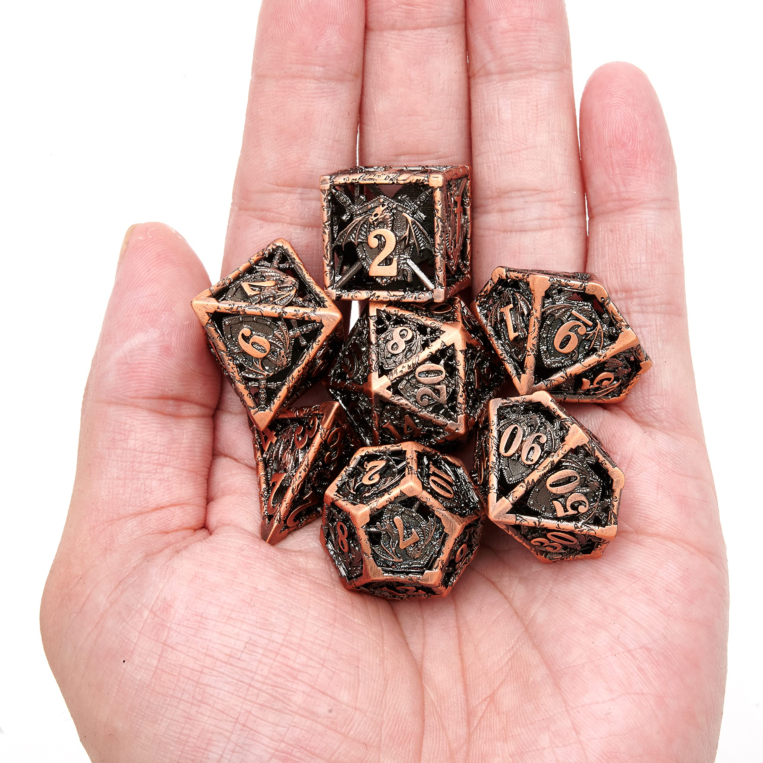 Hollow Metal DND Game Dice Set Shield and Dragon Sword，with Metal Gift case for Dungeons and Dragons RPG MTG Table Games D&D Pathfinder Shadowrun and Math Teaching (Ancient Copper)