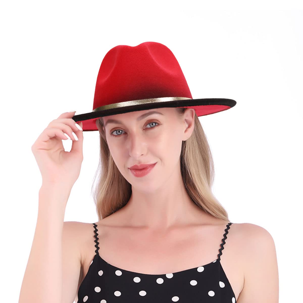 Black Red Fedora Hats for Women Men,Red Bottom Hat Wide Brim Fedora for Women,Two Tone Red Black Fedora(Red A1,Medium)