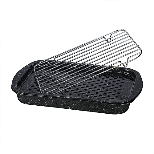 Granite Ware 3 Piece Multiuse Set (Speckled Black) Enamelware Bake, Broiler Pan and Grill - With Rack Suitable for Oven, direct on Fire.