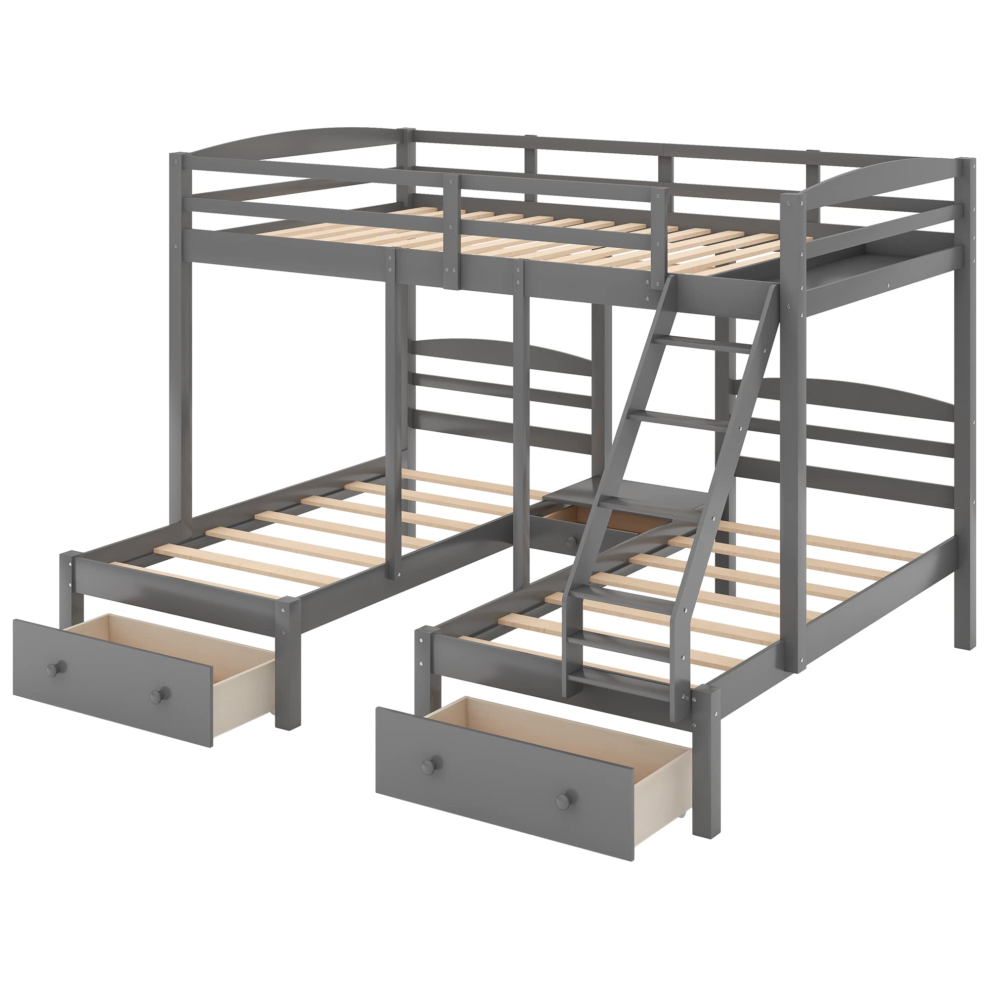 Full over Twin & Twin Bunk Bed,Triple Bunk Bed Frame for Boys Girls Kids Adults Toddler with Drawers, Gray