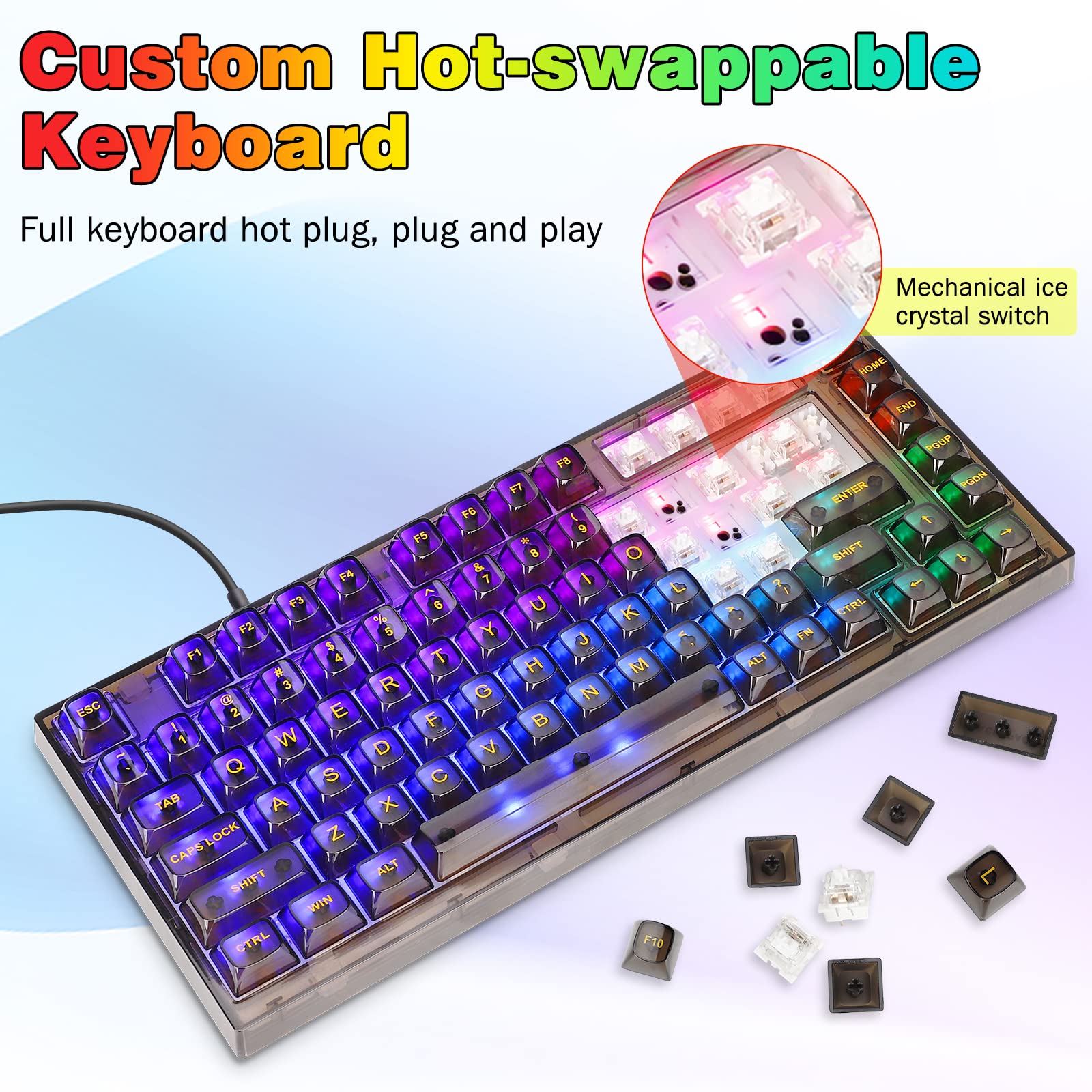 CHICHEN Mechanical Gaming Keyboard,Cool RGB Backlit Compact 82 Clear Keycaps,Hot Swappable 80% Keyboard with Ice Switch,Wired Transparent Keyboard for Windows/Mac (Transparent Black)