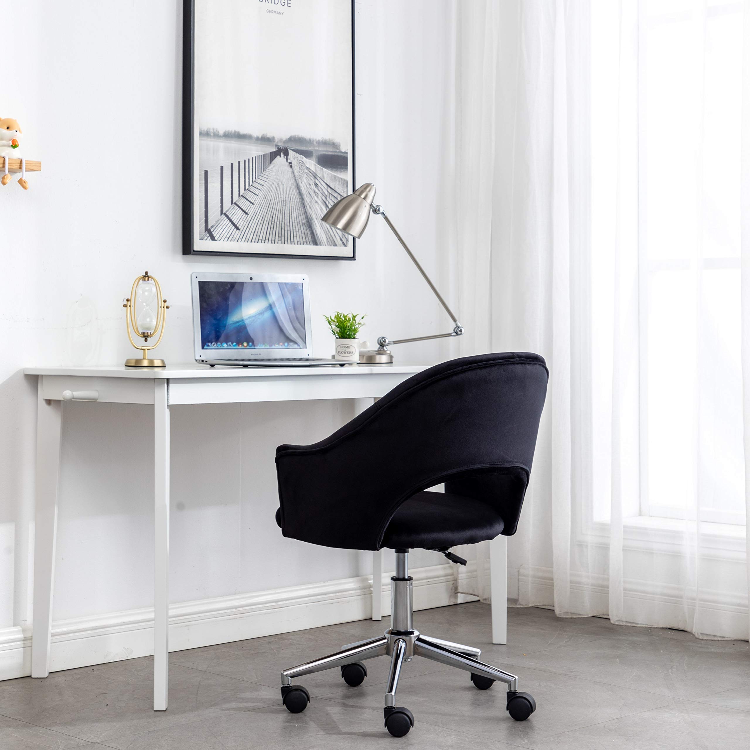 BTEXPERT Swivel Makeup Vanity Velvet Home Office Chair, Adjustable Upholstered Accent, Black