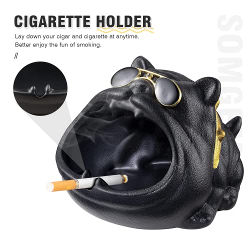 SOMGEM Outdoor Ashtray for Cigarette, Cool Ash Tray Sets for weed, Decorative Fancy Ashtrays of Black Bully Dog Design, Ceramic Desktop Ash Holder for Patio Home Office, Great Gift for Men Women