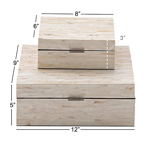 Deco 79 Mother of Pearl Handmade Box with Hinged Lid, Set of 2 12", 8"W, White