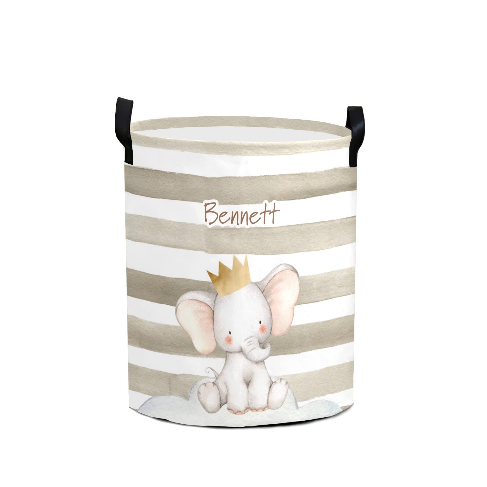 Custom Name Gray Striped Baby Elephant Storage Bin Waterproof Nursery Storage Basket with Durable Handles Dirty Clothes Hamper for Bedroom Bathroom