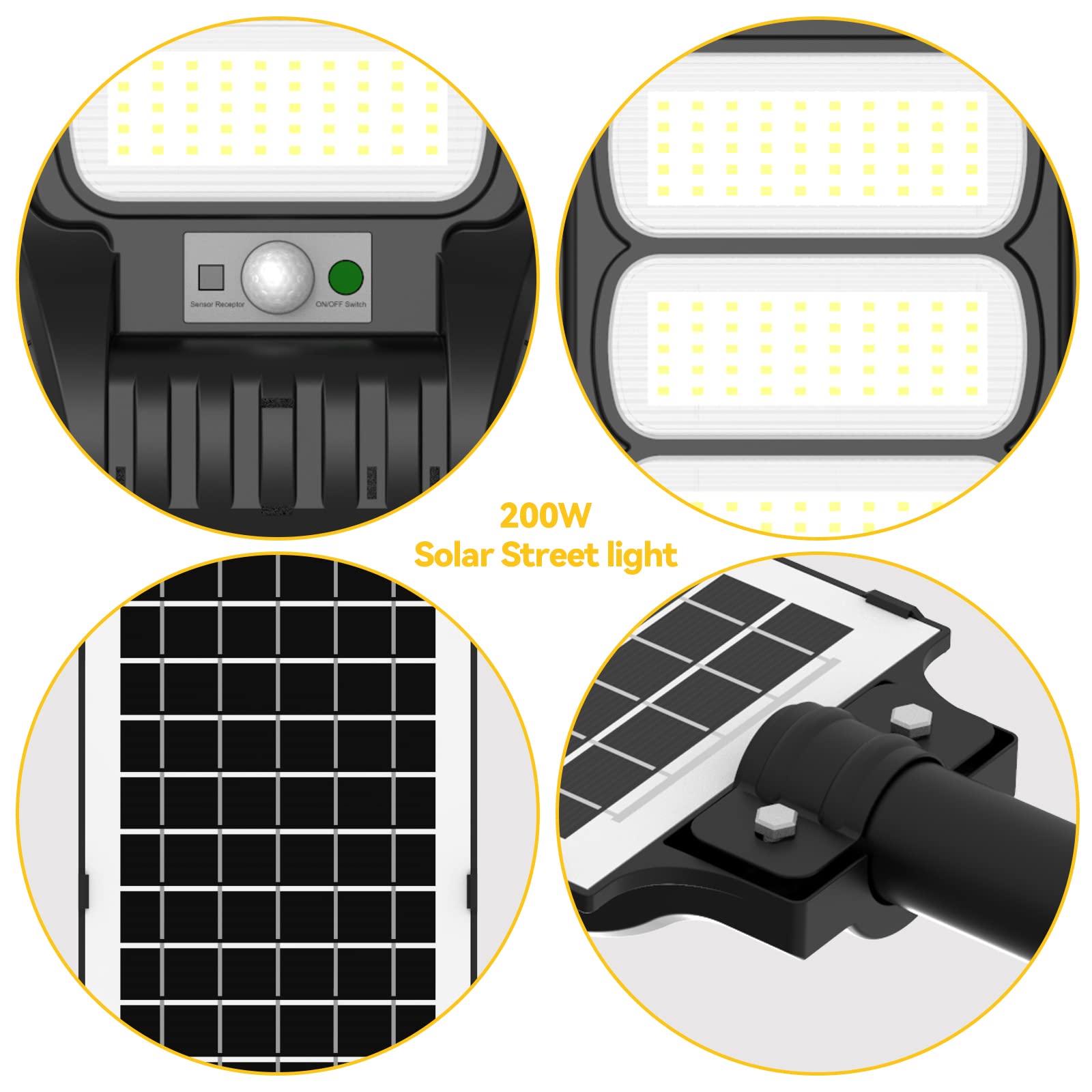 KCCCT LED Solar Street Lights 200W 6500K Waterproof with Motion Sensor Radar Dusk to Dawn Solar Flood Lights Outdoor Solar Security Wall Light for Street,Garden,Patio,Garage,Yard