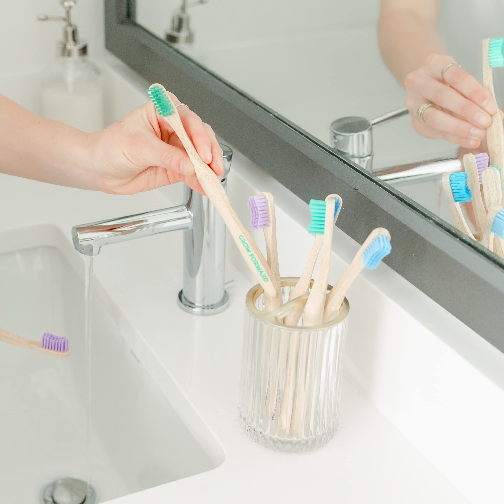 Grow Forward Premium Bamboo Toothbrushes Medium Bristles Toothbrushes - Manual Toothbrush Pack of 8 - Aesthetic Wooden Look - Natural Eco Friendly Sustainable Biodegradable Adult Tooth Brush