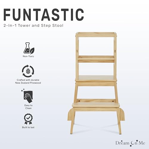 Dream On Me 2-in-1 Funtastic Tower and Step Stool, Easy to Assemble, Multi-Purpose Stool with Non-Toxic Paint Finish, Made of Solid Pinewood, Natural