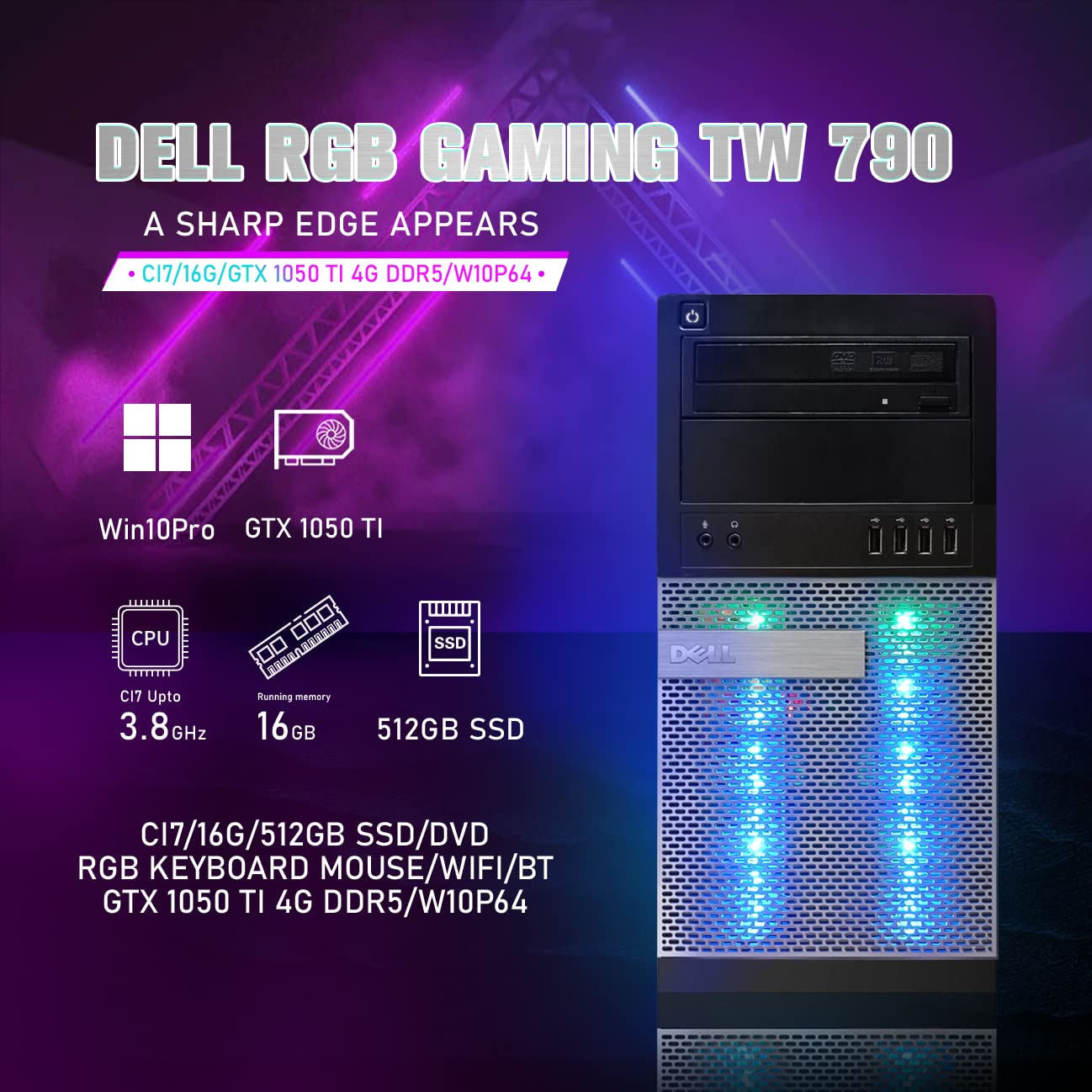 Dell RGB Gaming Desktop PC, Intel Quad I7 up to 3.8GHz, 16GB RAM, GeForce GTX 1050 Ti 4G GDDR5, 512G SSD, DVD, WiFi & Bluetooth, RGB Keyboard & Mouse, Win 10 Pro (Renewed)