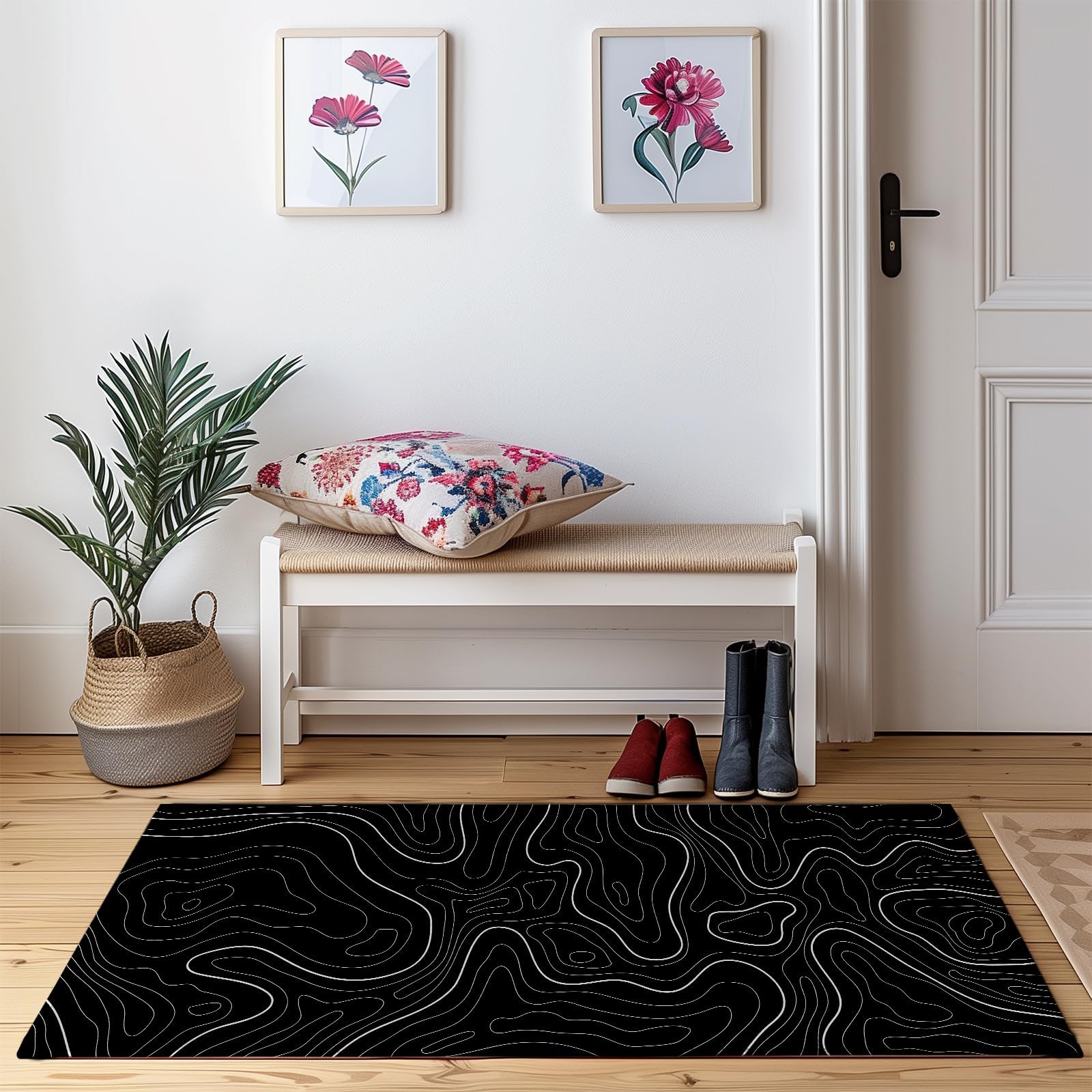 Entryway Rugs Black Topographic Map Non-Slip Washable Indoor Door Mat 2x3 Faux Wool Non-Slip Washable Low-Pile Floor Carpet for Indoor Front Entrance Kitchen Bathroom
