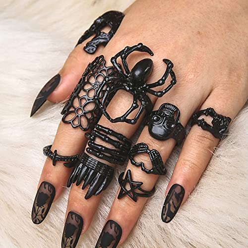 Black Ring Set for Men Women,Vintage Stackable Animal Rings Cool Adjustable Ring Pack Vintage Goth Punk Rings Set Chunky Knuckle Emo Rings Boho Snake Spider Eboy Open Y2K Rings (A)