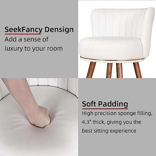 SeekFancy 27" Swivel Bar Stools Set of 4, Counter Heigh Bar Stools with Back, White & Gold Bar Stools with Wood Legs & Footrest, Upholstered Swivel Counter Stools,Leather Bar Chairs for Kitchen Island