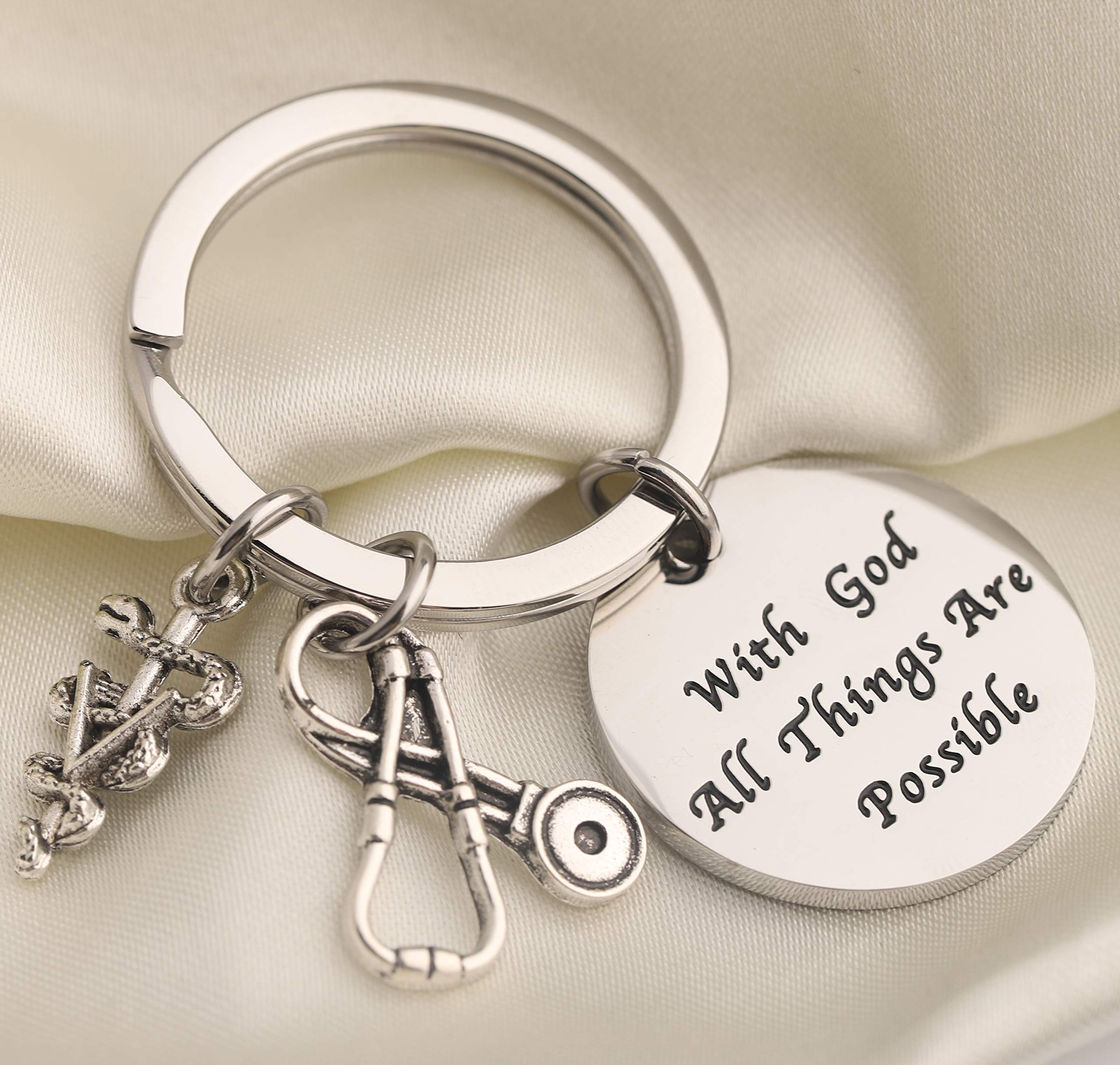 BEKECH Veterinarian Gift Veterinary Technician Gift with God All Things are Possible Keychain with Caduceus Stethoscope Charm Vet Tech Jewelry Animal Rescue Gift (Silver)