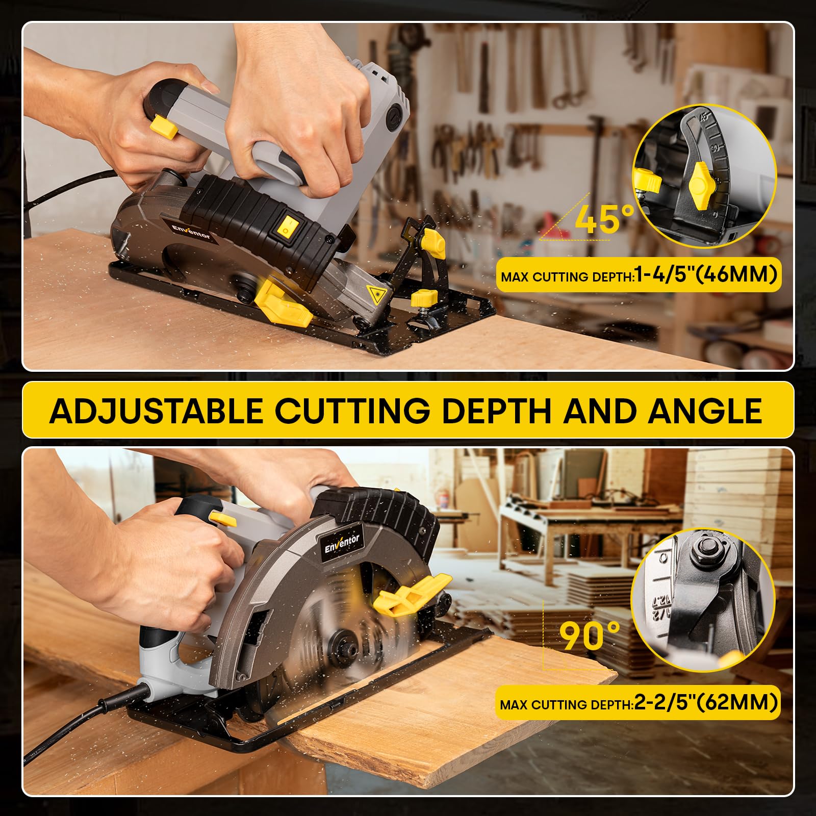 ENVENTOR Circular Saw Corded, 14A Electric Circular Saws 7-1/4-Inch with Laser Guide, 2 Blade Saws (40T/24T), Max Cutting Depth 2-7/16"(90°), 1-13/16"(0°-45°), Single Handed Bevel, 5500RPM