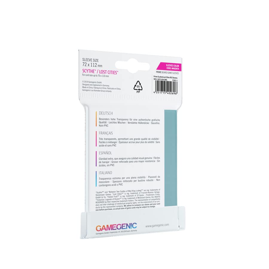 Prime Board Game Sleeves | Pack of 60 Extra-Clear Sleeves | 72 by 112 mm Card Sleeves Optimized for Scythe and Lost Cities | Premium Card Protection | FFG Magenta Color Code | Made by Gamegenic