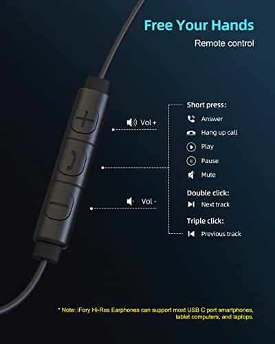 iFory USB C Headphones, Hi-Res Type C Earphones in-Ear Earbud with Baried Suit with Microphone and Volume Control Compatible with Google Pixel LG Samsung Oneplus Sony MacBook Black…
