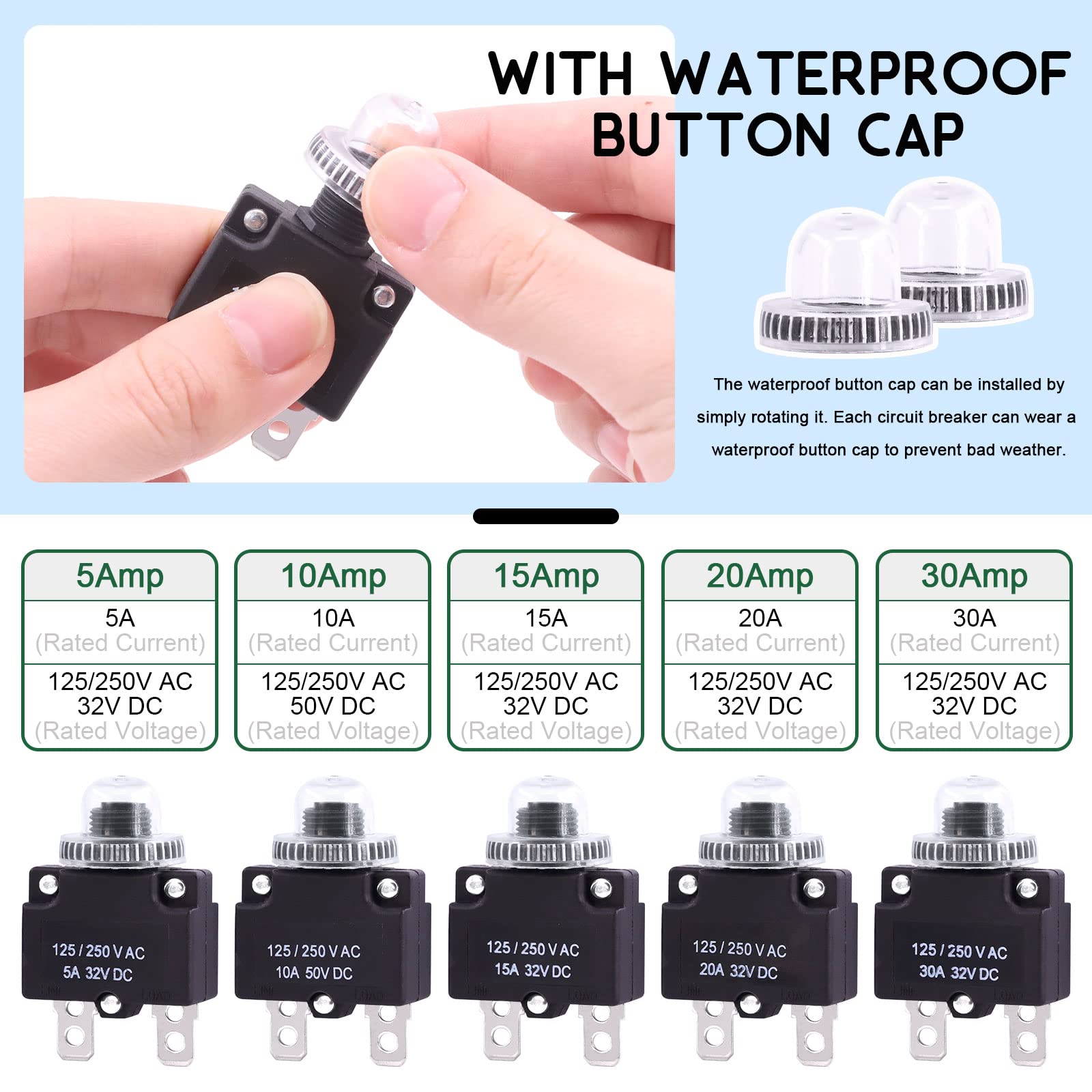 Keadic 20Pcs 20A Push Button Circuit Breaker with Manual Reset Assorted Set AC125-250V 32VDC Thermal Circuit Breaker with 19cm Wire Leads, Female Spade Terminals and Waterproof Button Transparent Cap