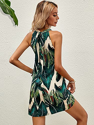 Floerns Women's Summer Floral Print Sleeveless Halter Neck Beach Party Dress Green Tropical L