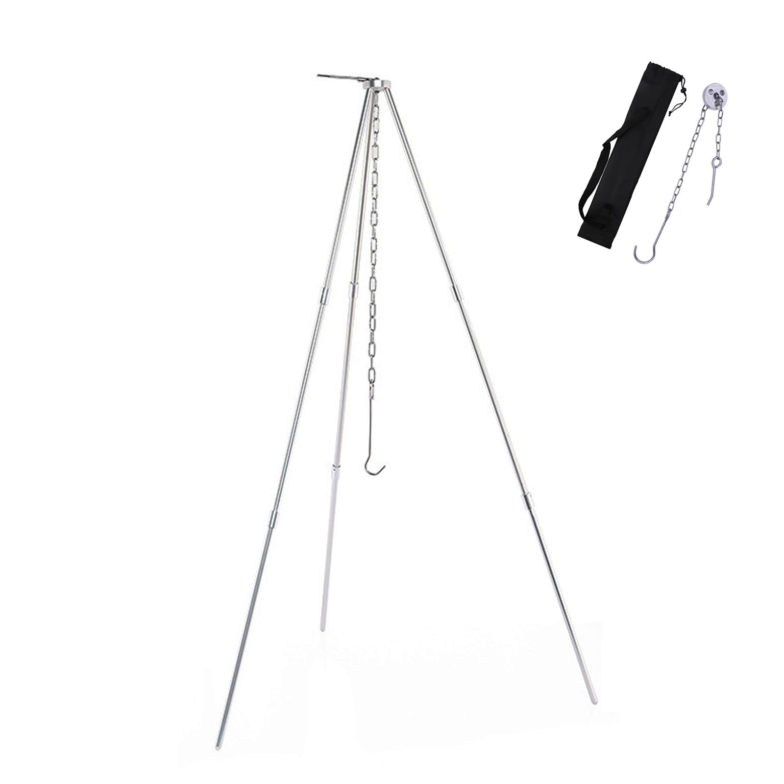 Campfire Tripod, Portable Cooking Tripod, Three-Section with Adjustable Suspension for campfire for Camping, Campfire,Dutch Oven,Outdoor BBQ (Silver)