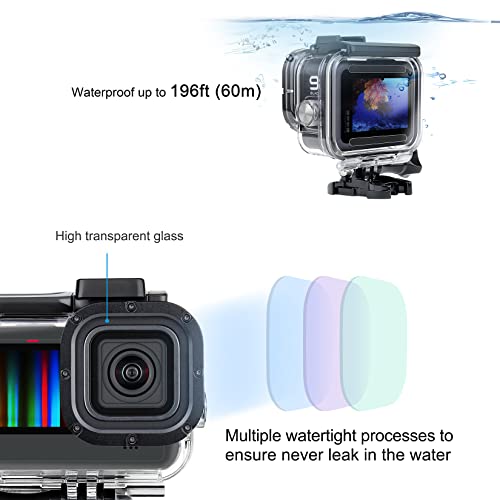SOONSUN Waterproof Case for GoPro Hero 11 / 10 / 9 Black with 4-Pack Diving Filter - 60M Underwater Protective Housing Case for GoPro HERO11 10 9 Black with Red, Light Red, Magenta, 5X Macro Filters