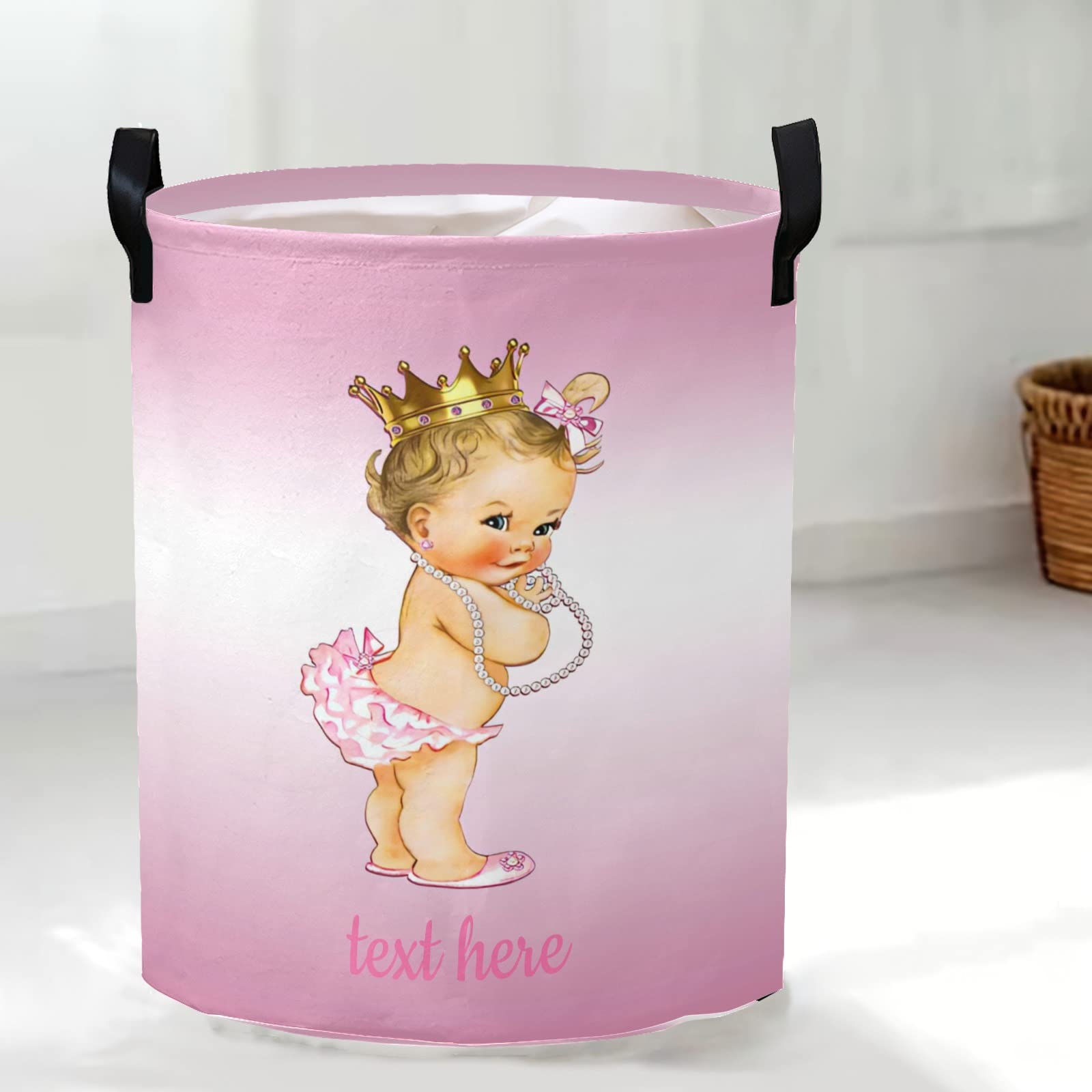 Custom Name Pink Girl Necklace Storage Bin Waterproof Nursery Storage Basket with Durable Handles Dirty Clothes Hamper for Bedroom Bathroom
