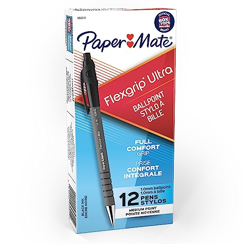 Paper Mate FlexGrip Ultra Retractable Ballpoint Pens, Medium Point, Black, Box of 12