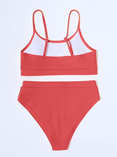 MakeMeChic Women's Ribbed High Waisted Bikini Sets Swimsuit Bathing Suit Watermelon Pink XL
