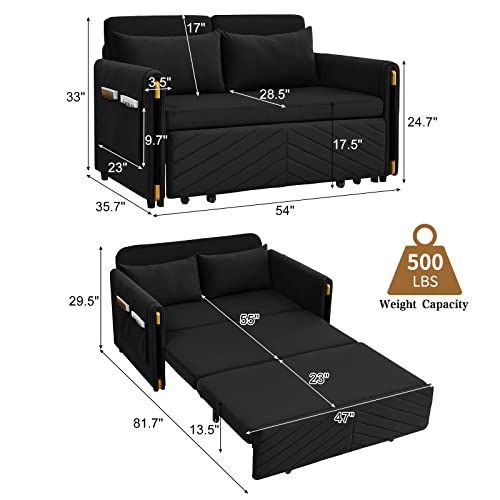 KIVENJAJA Convertible Sleeper Sofa Bed, Modern Velvet Loveseat Couch with Pull Out Bed, Small Love Seat Futon Sofa Bed with Headboard, 2 Pillows & Side Pockets for Living Room, 54” (Black)