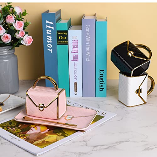 Koythin Ceramic Coffee Mug Saucer Set, Creative Cute Handbag Shaped Cup with Spoon and Saucer for Office and Home, 10 oz/300 ml for Tea Latte Milk (Peach Pink)