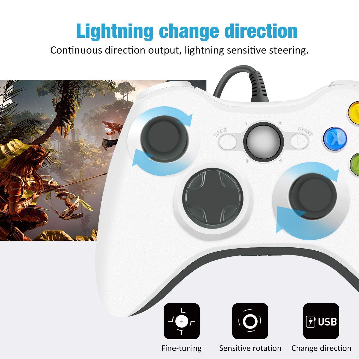 YAEYE Xbox 360 Wired Game Controller, USB Wired Gamepad Controller for Microsoft Xbox 360, PC Windows 7,8,10 with Dual-Vibration Turbo, Trigger Buttons (White)