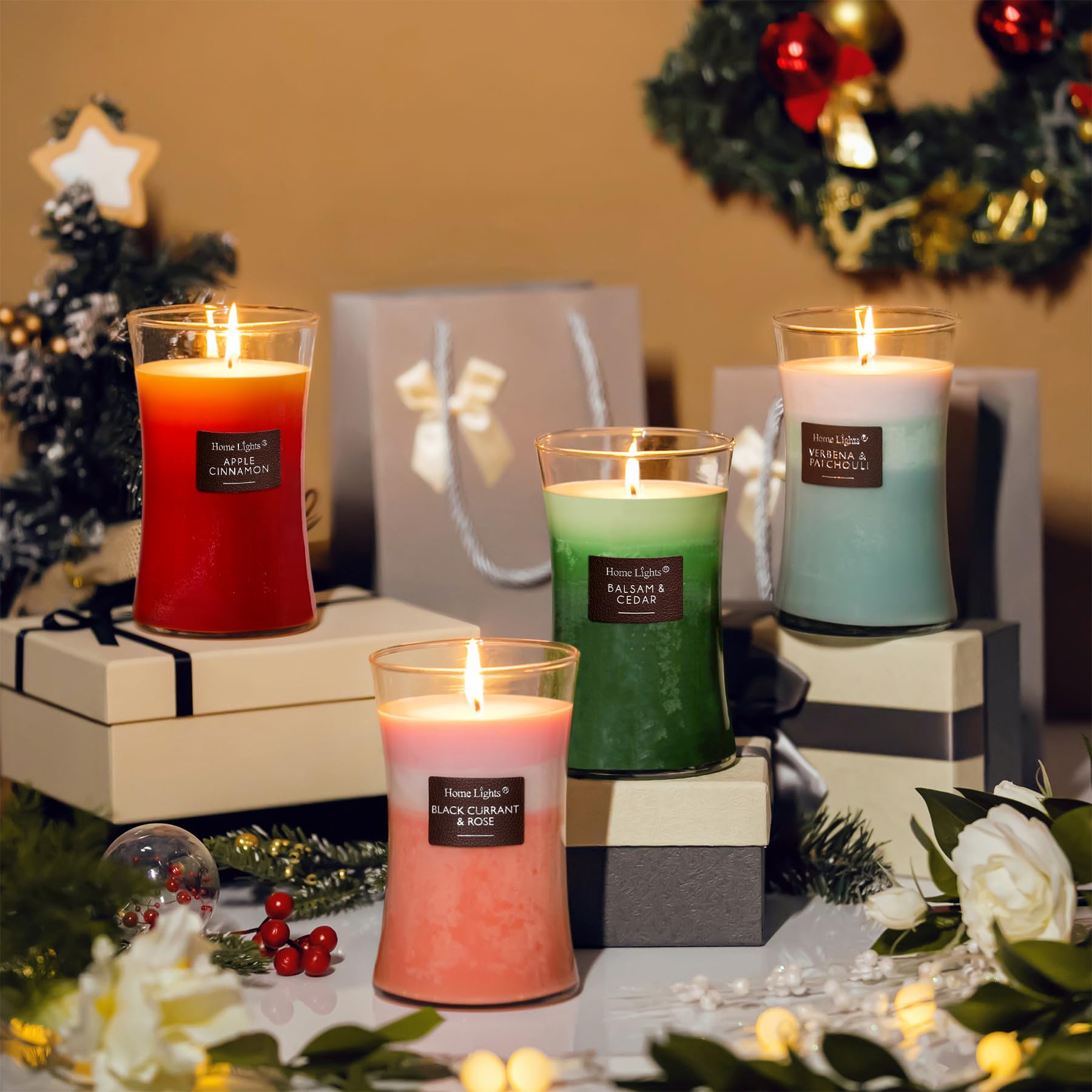 HomeLights 3-Layer Highly Scented Candles - Midnight Lights, Hourglass Large Jar Candles for Home - Burns Up to 45 Hours, Natural Soy Wax, Wooden Lid, 11.3 OZ