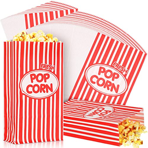 Paper Popcorn Bags 2 oz Disposable Individual Servings Popcorn Container Flat Bottom Vintage Popcorn Bags for Popcorn Machine Movie Night Party Theaters Carnivals, Red and White Striped (300 Pieces)