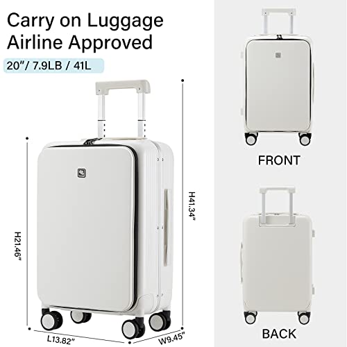 Hanke 20 Inch Carry On Luggage with Front Pocket Aluminum Frame (Can Not Open in The Middle) Hard Shell Suitcases with Wheels Rolling Luggage Suitcase with Lock Travel Luggage for Weekender-Smoke White