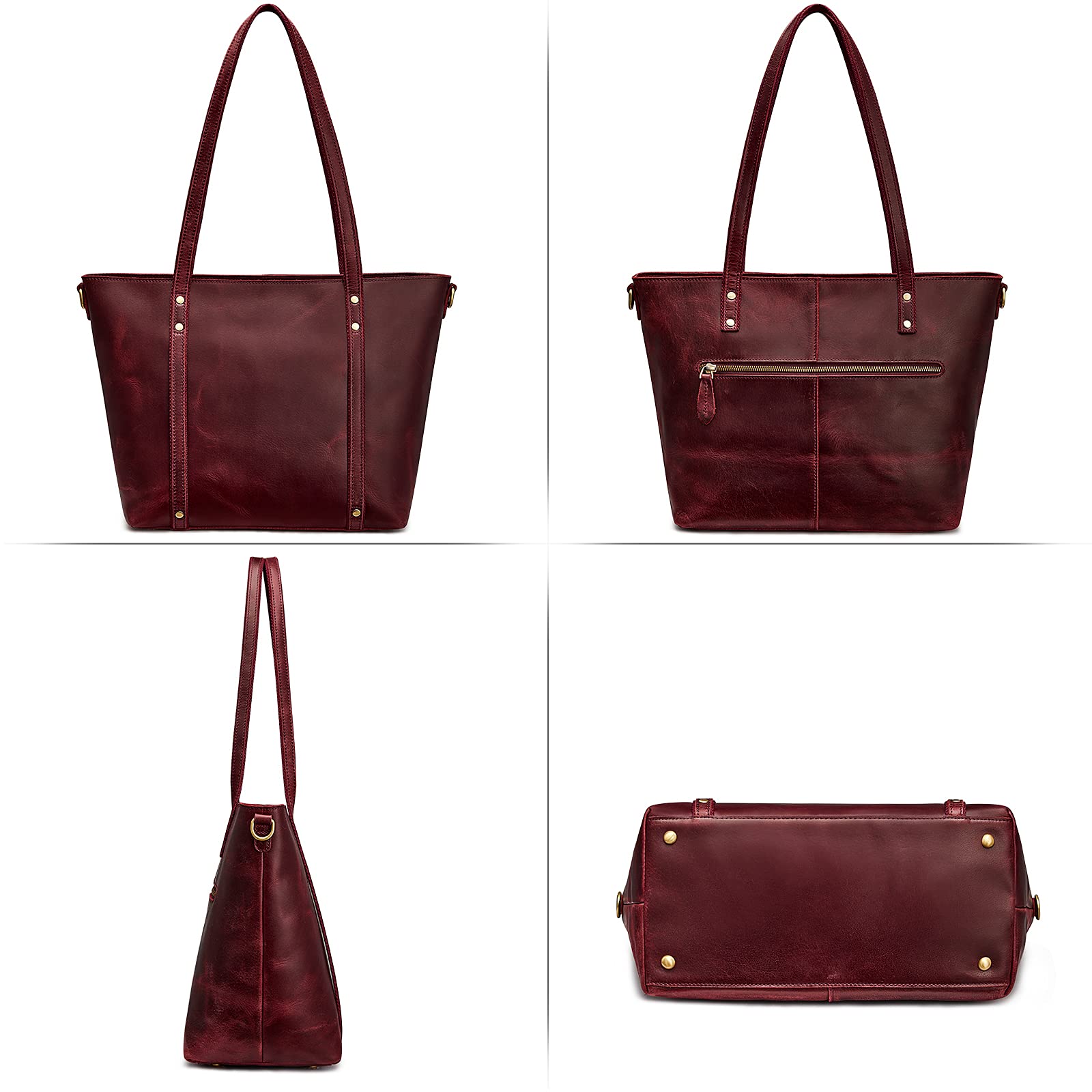 S-ZONE Genuine Leather Tote Bag for Women Vintage Shoulder Handbag Purse with Crossbody Strap Medium