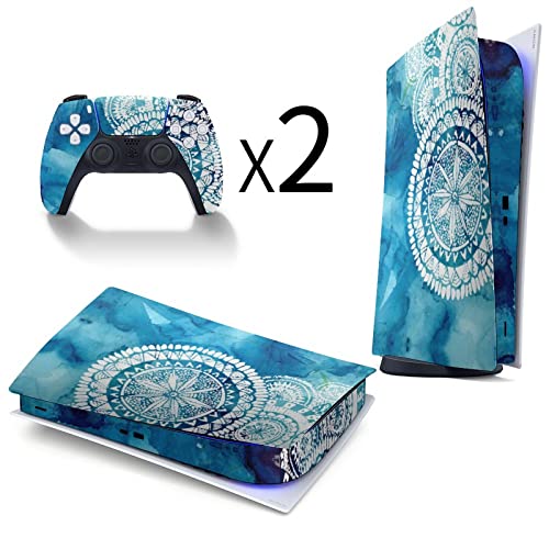 Bohemian Blue Watercolor Weed Full Protective Skin Cover Design Wrap Decal Sticker Compatible with PS5 Digital Edition Console and Controller