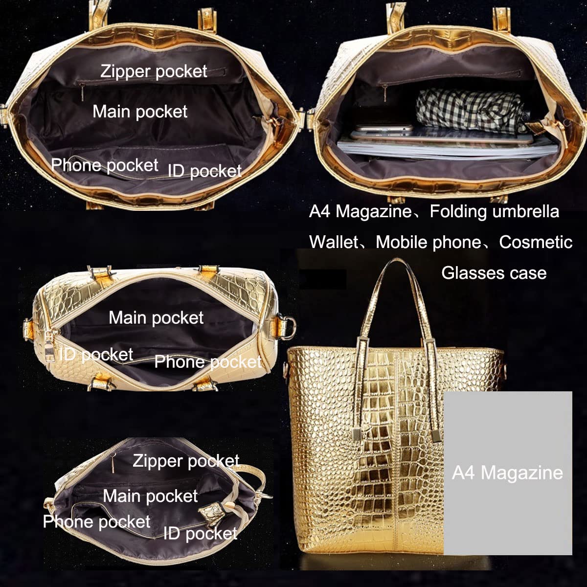 XingChen 3-PC Women PU Handbag+Shoulder Bag+Clutch Crocodile Pattern Top Handle Fashion Satchel Tote Purse Black