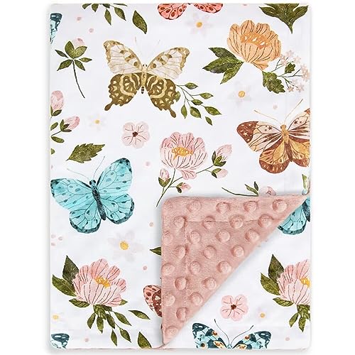 Floral Baby Blanket for Girls Soft Comfy Minky Toddler Blanket with Double Layer Dotted Backing, Beauty Butterfly Printed Bed Blanket for Nursery Crib Decor 30 x 40 Inch(75 x 100 cm)