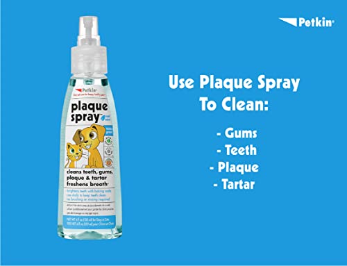 Petkin Plaque Spray, Cool Mint, 4 Fl Oz β Cleans Teeth & Gums, Removes Plaque & Tartar, Freshens Breath & Whitens Teeth with Baking Soda - Ideal Cat & Dog Dental Spray with No Brushing or Rinsing