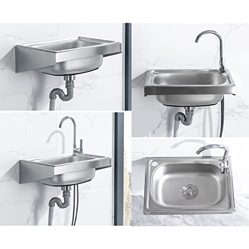 Mini Wall Hanging Sink Station,Stainless Steel Kitchen Washing Station, Utility Laundry Portable Single Bowl Hand washing Basin ,with Stand and Hot cold Tap,for Garage, Garden, Kitchen, RV ( Size : 52