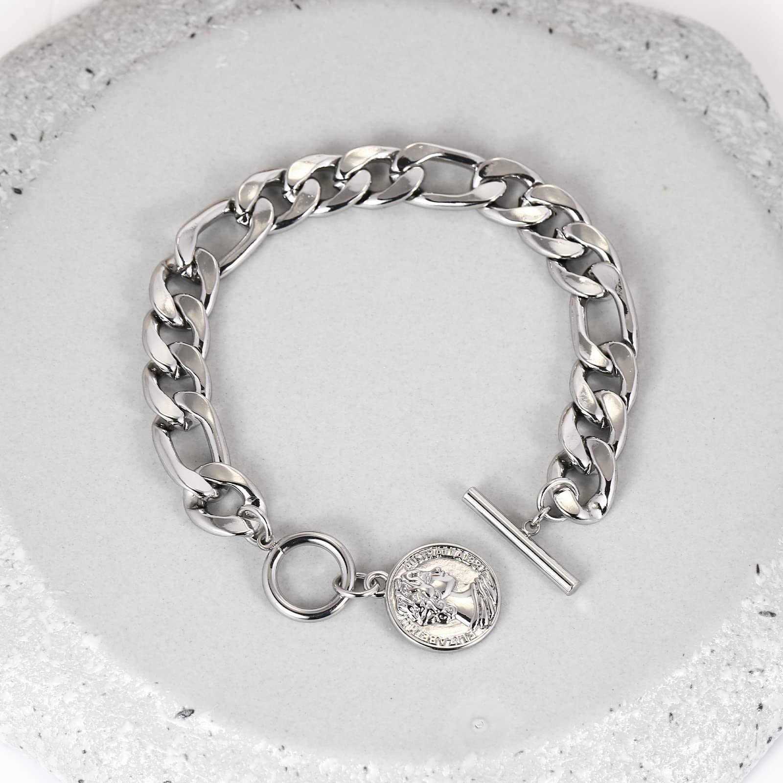 CLASSYZINT Cuban Link Chain Bracelet for Women Men Silver Coin Pendant Charm Bracelet White Gold Thick Chunky Chain Bracelets OT Toggle Clasp 8 Inches