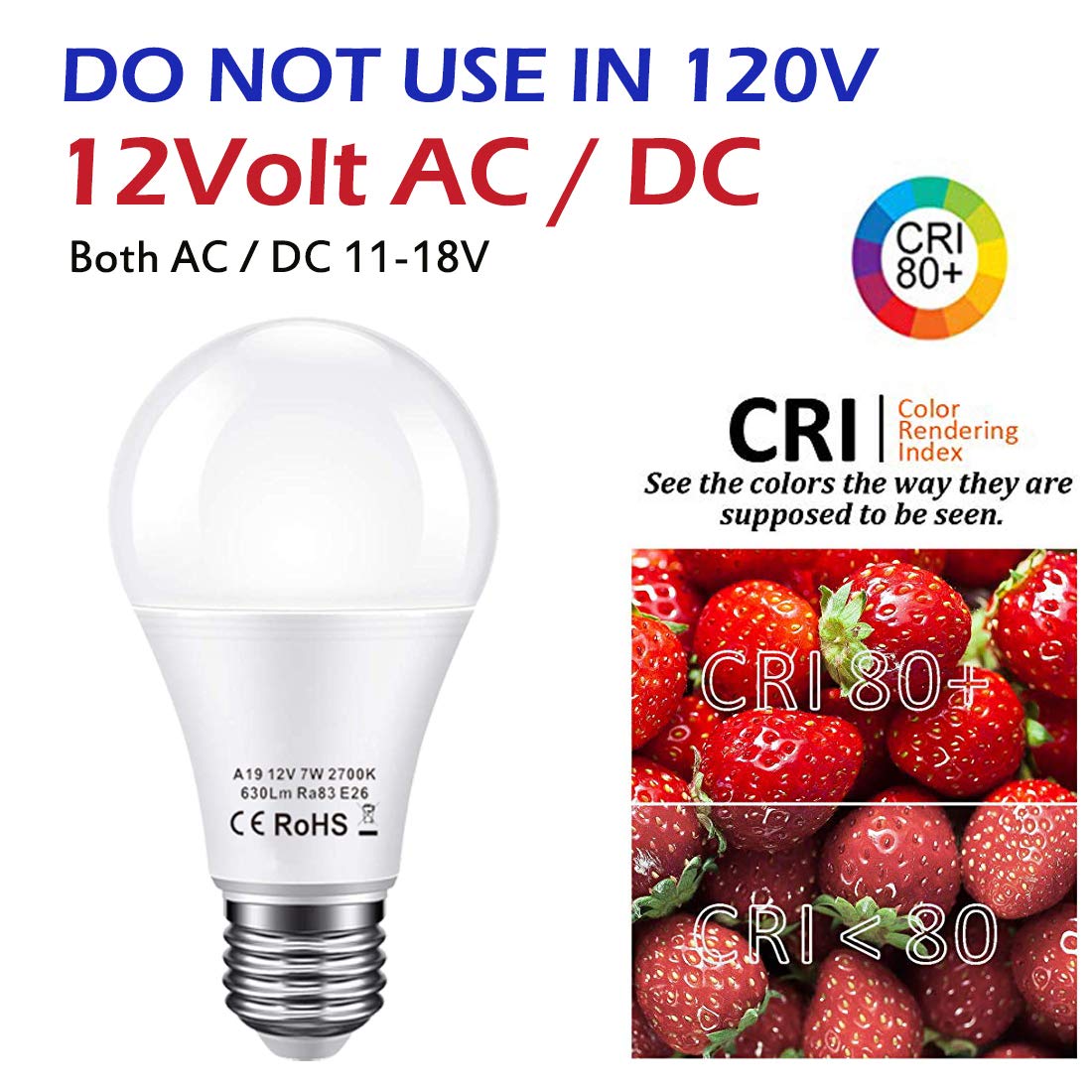 BAYSHE 12V LED Light Bulb 60Watt Equivalen E26 7W 630Lm 12 Volt Low Voltage Lights AC/DC 11-18V A19-12volt RV Marine Boat Landscape Lighting- 6 Pack(2700K Warm White)