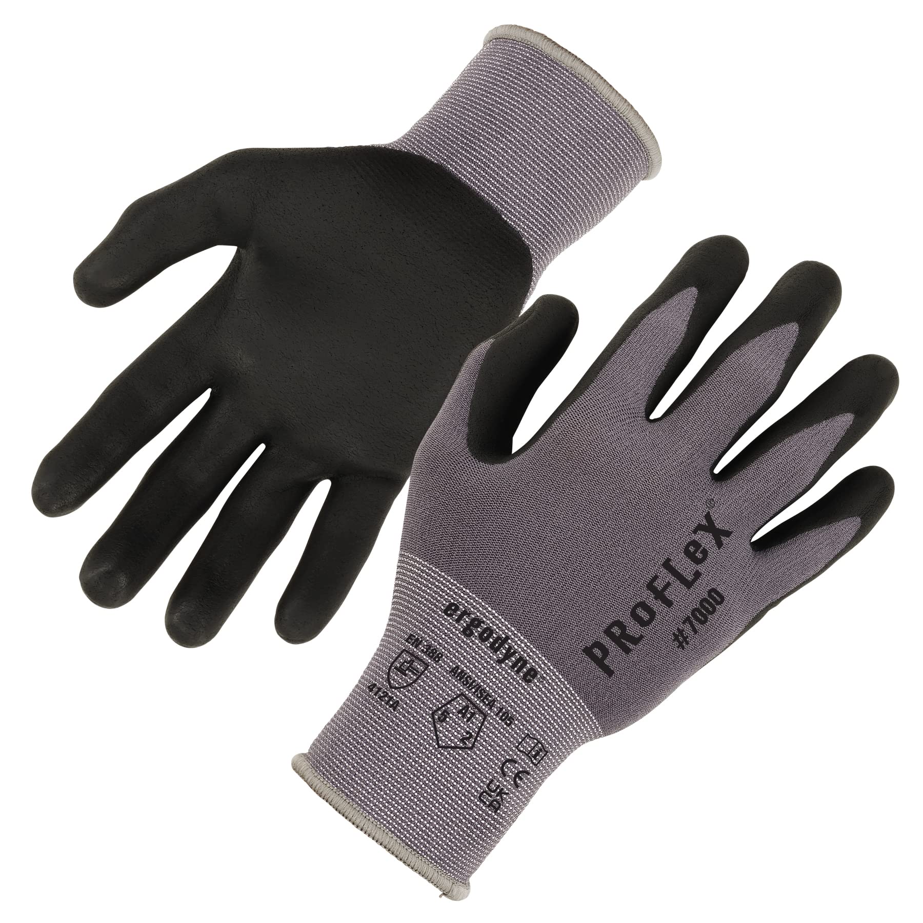 Ergodyne ProFlex 7000 Nitrile Coated Work Gloves, Foam Nitrile Palms for Flexible No Slip Grip, Abrasion Resistant, 15g, Touchscreen Capable, Gray, Medium