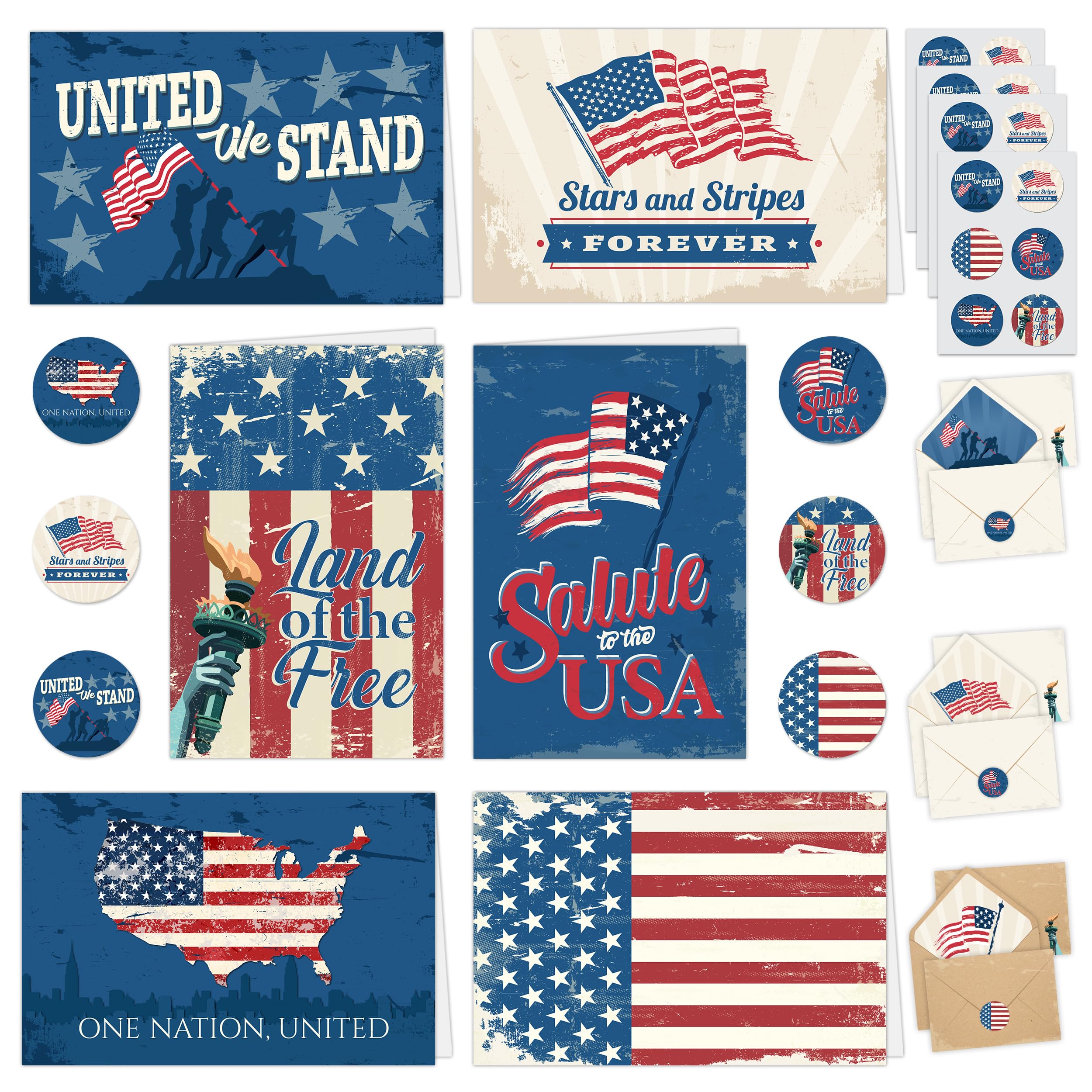 Decorably 24 Pack Patriotic Cards with Envelopes & Stickers - 6 Designs with Printed Message Inside Patriotic Thank You Cards, 6x4in Thank You for Your Service Cards, Patriotic Note Cards