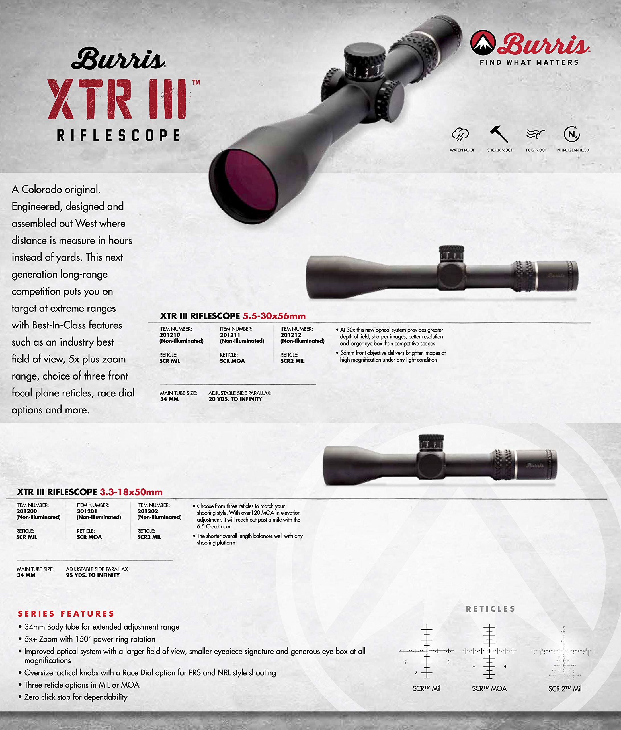 Burris Xtreme Tactical XTR III Precision Rifle Scope with 5X Zoom and Zero Click Stop Adjustment, 3.3-18x50mm, SCR Mil Reticle
