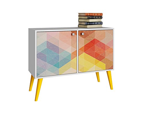Manhattan Comfort Avesta Double Side Table 2.0 Collection Free Standing Modern Side Table / TV Stand with Storage Includes 2 Doors with 3 Shelves and Features Splayed Legs, White/Stamp/Grey Legs