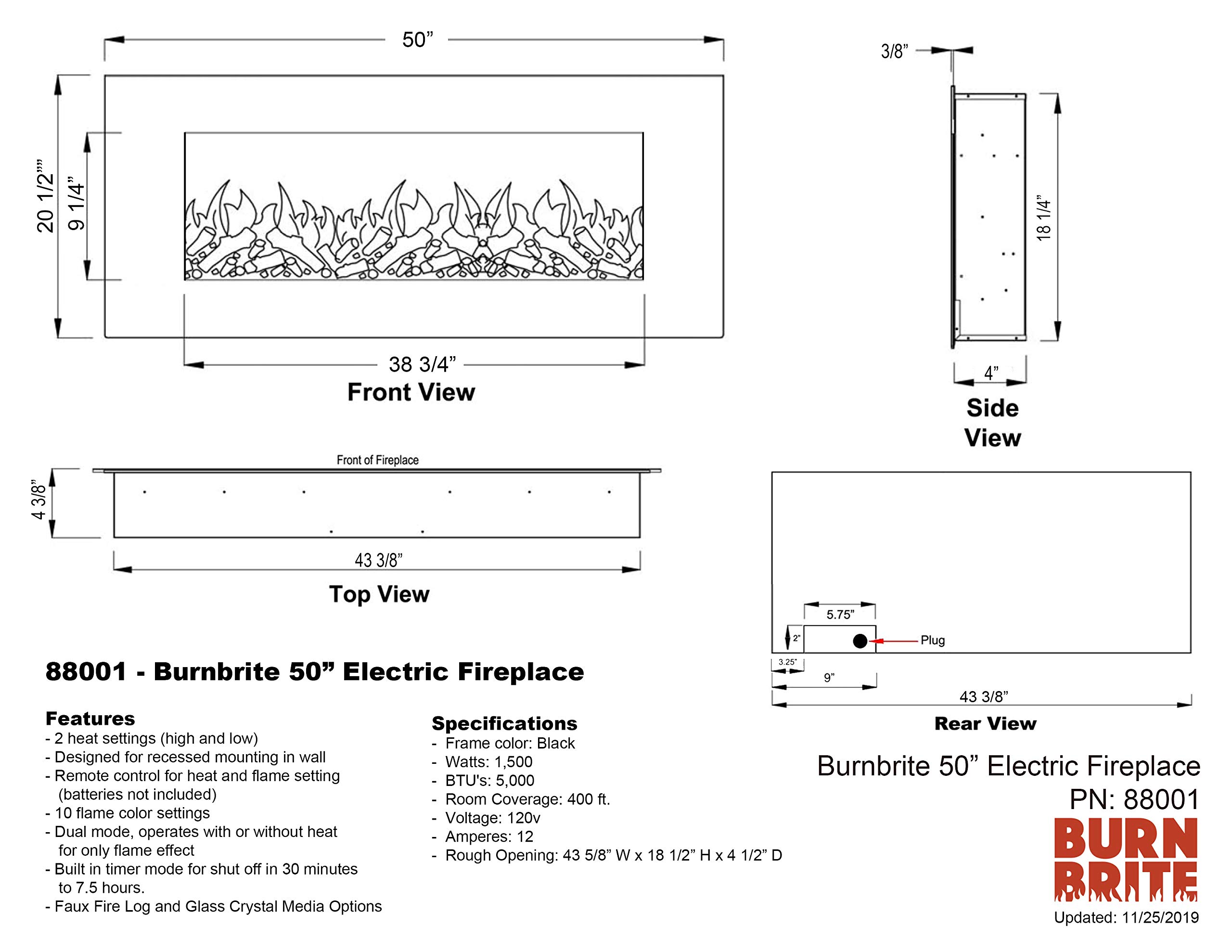 BurnBrite 88001 50-Inch Dual-use Wall Mount & Recessed Electric Fireplace with Crystals and Driftwood, Black