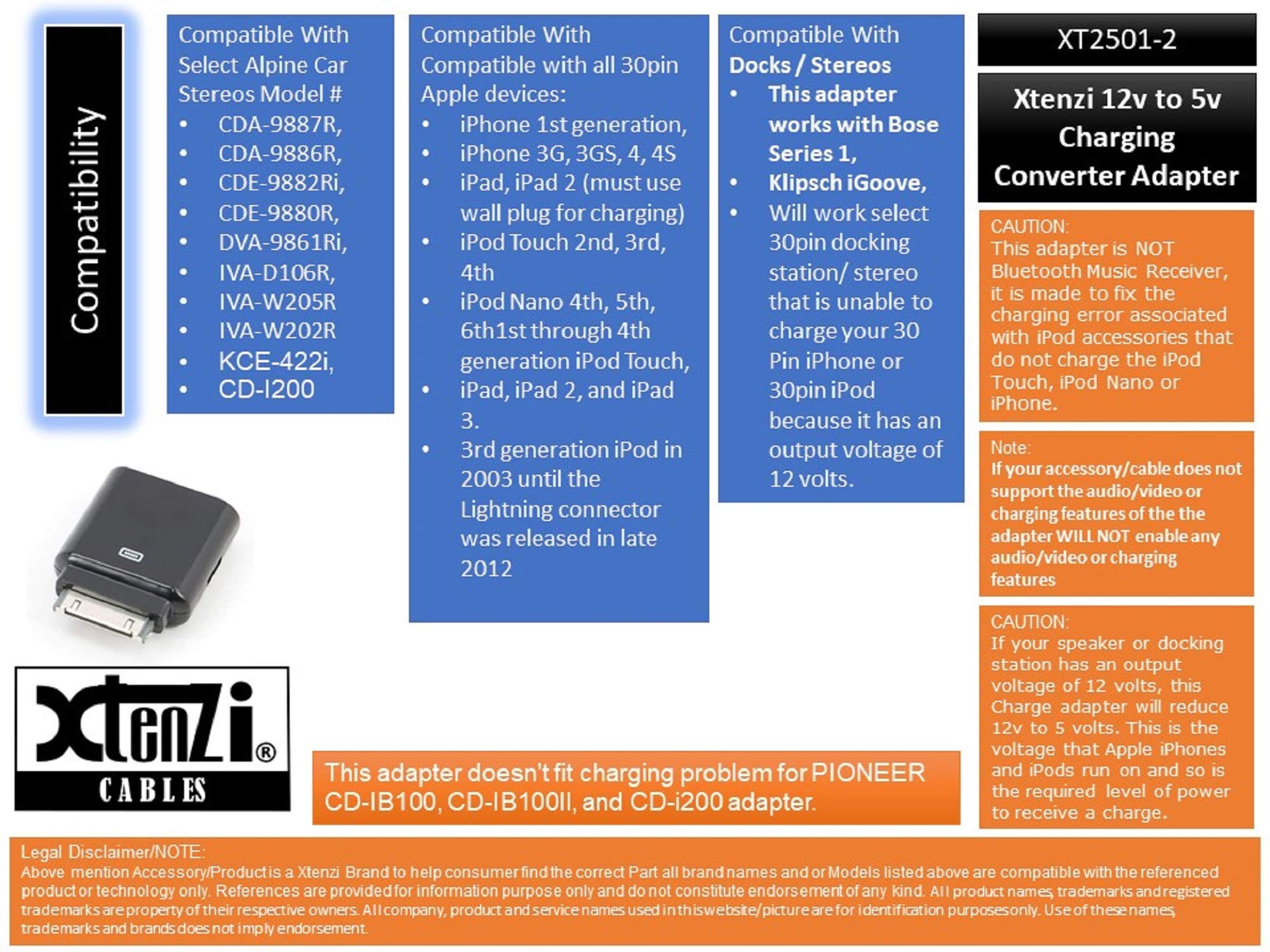 Xtenzi Charging Converter 30 Pin Pass Through Adapter XT12V5 Compatible with iPod iPhone iPad Car Vehicle