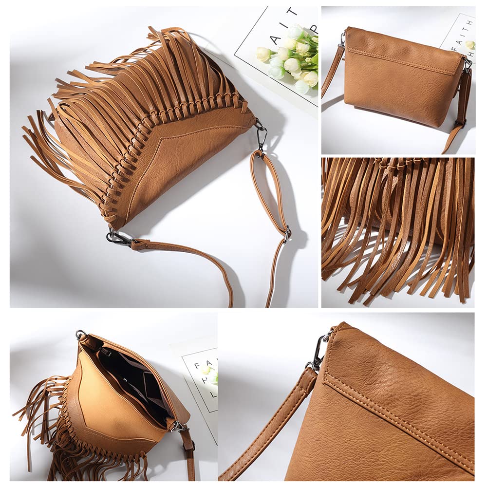 Boho Women's PU Leather Hobo Fringe Crossbody Tassel Purse Vintage Small Handbag (Black)